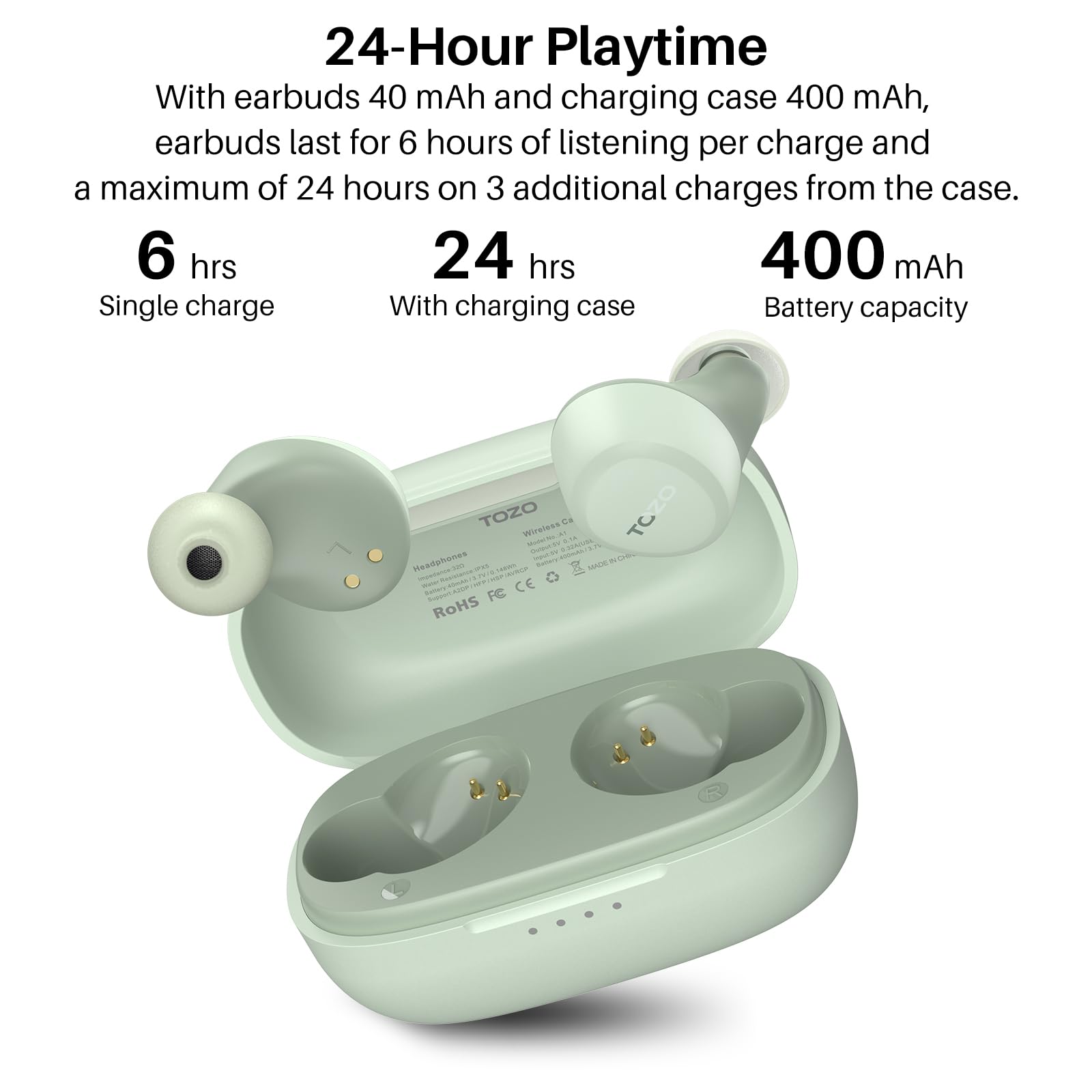 TOZO A1 Mini Wireless Earbuds Bluetooth 5.3 in Ear Light-Weight Headphones Built-in Microphone, IPX5 Waterproof, Immersive Premium Sound Long Distance Connection Headset with Charging Case, Green