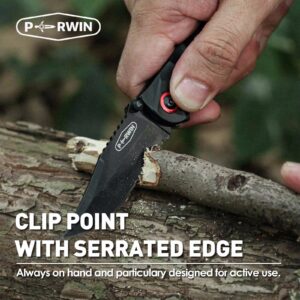 PERWIN Pocket Knife, EDC Knife with 3.1" Serrated Clip Point Blade and Aluminum Handle Small Pocket Knives for Camping Fishing Hiking