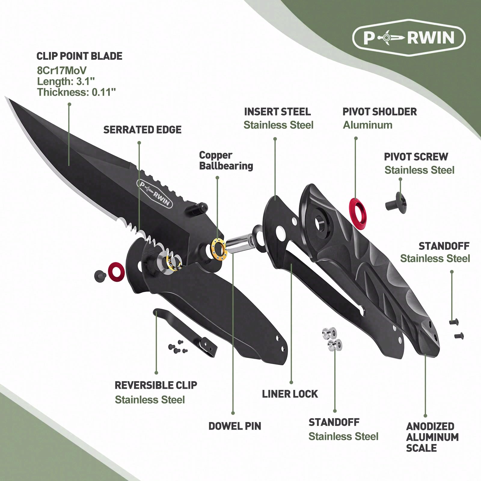 PERWIN Pocket Knife, EDC Knife with 3.1" Serrated Clip Point Blade and Aluminum Handle Small Pocket Knives for Camping Fishing Hiking