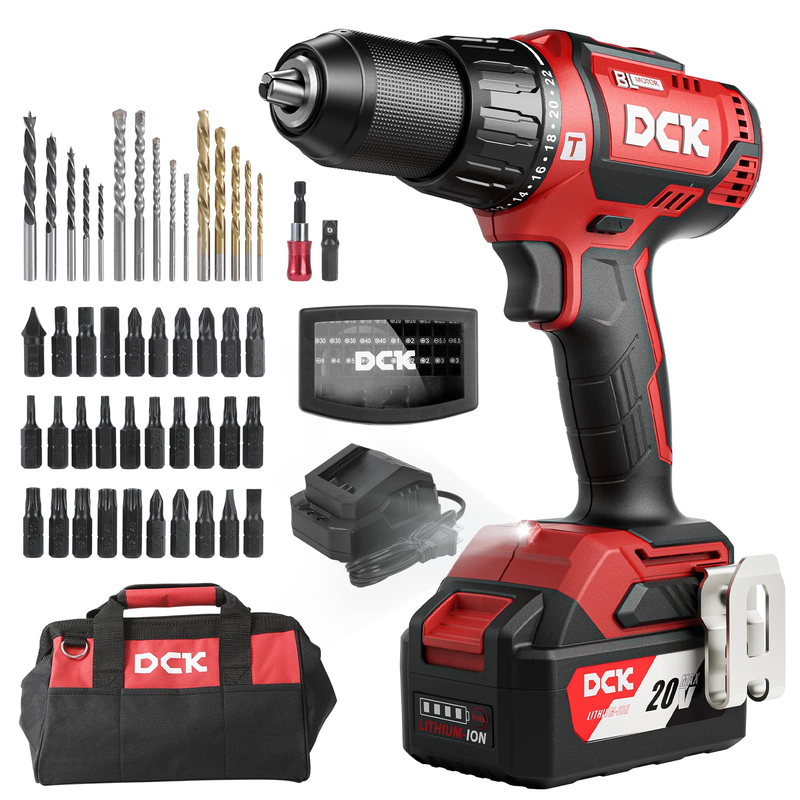 DCK Brushless Hammer Drill, 20V Max Hammer Drill Cordless, 531In-lb,36000 BPM,1/2" All-Metal Chuck, Variable Speeds, 22+1+1 Torque Setting, 4.0Ah Battery, Drill Kit for Concrete, Metal, Wood KDJZ05-13