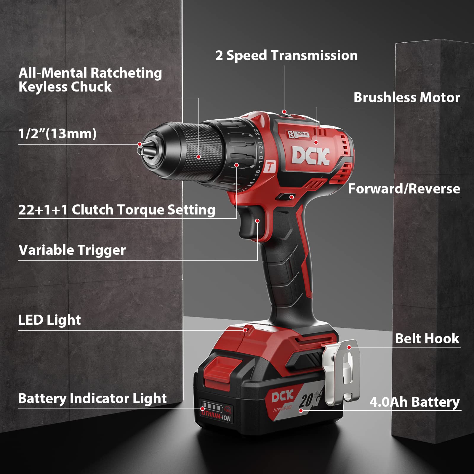 DCK Brushless Hammer Drill, 20V Max Hammer Drill Cordless, 531In-lb,36000 BPM,1/2" All-Metal Chuck, Variable Speeds, 22+1+1 Torque Setting, 4.0Ah Battery, Drill Kit for Concrete, Metal, Wood KDJZ05-13