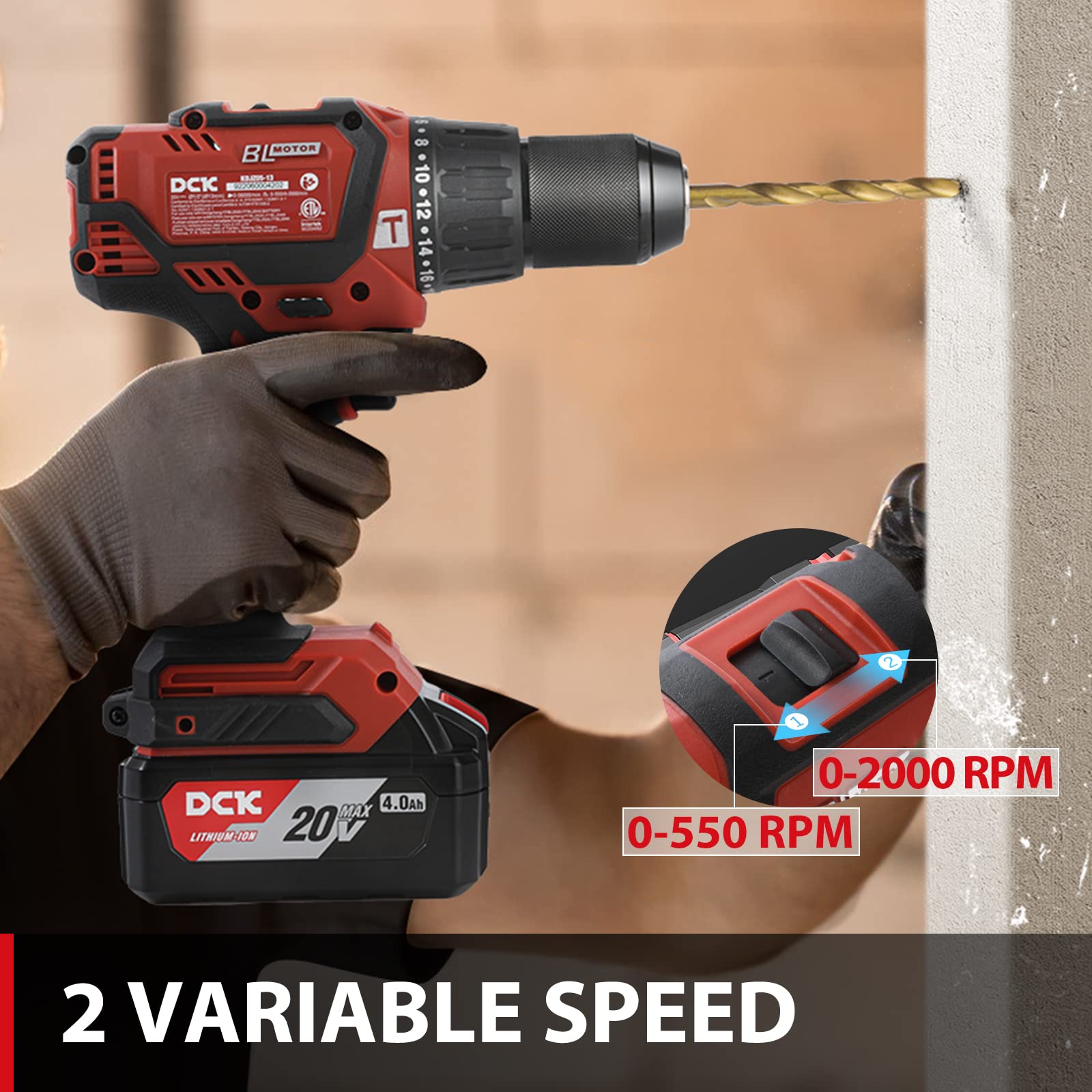 DCK Brushless Hammer Drill, 20V Max Hammer Drill Cordless, 531In-lb,36000 BPM,1/2" All-Metal Chuck, Variable Speeds, 22+1+1 Torque Setting, 4.0Ah Battery, Drill Kit for Concrete, Metal, Wood KDJZ05-13