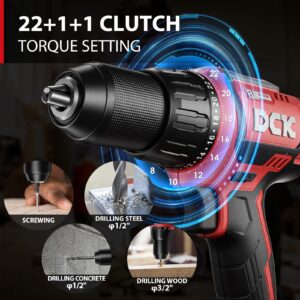 DCK Brushless Hammer Drill, 20V Max Hammer Drill Cordless, 531In-lb,36000 BPM,1/2" All-Metal Chuck, Variable Speeds, 22+1+1 Torque Setting, 4.0Ah Battery, Drill Kit for Concrete, Metal, Wood KDJZ05-13