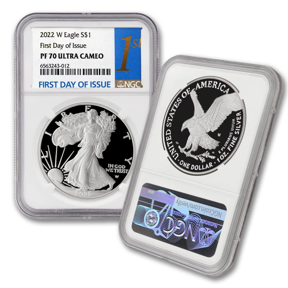 2022 W 1 oz Proof American Silver Eagle PF-70 Ultra Cameo (PF70UCAM - First Day of Issue - Dark Blue Label) $1 NGC Mint State