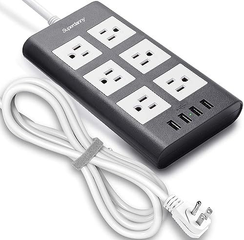 Power Strip, SUPERDANNY Flat Plug Surge Protector, 10 ft Extension Cord with 15A 6 Widely Multi Outlets, 3.1A Fast Charge 4 USB Ports, Fire-Retardant