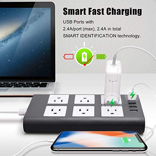 Power Strip, SUPERDANNY Flat Plug Surge Protector, 10 ft Extension Cord with 15A 6 Widely Multi Outlets, 3.1A Fast Charge 4 USB Ports, Fire-Retardant