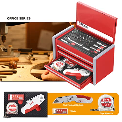 P.I.T. Portable 3 Drawer Steel Tool Box with 61-Pieces Mechanics Tool Set,Magnetic Locking, Red Hand Carry Tool Cases for Hand Tools Repair Tool Kit