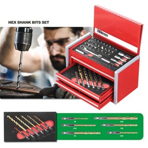 P.I.T. Portable 3 Drawer Steel Tool Box with 61-Pieces Mechanics Tool Set,Magnetic Locking, Red Hand Carry Tool Cases for Hand Tools Repair Tool Kit