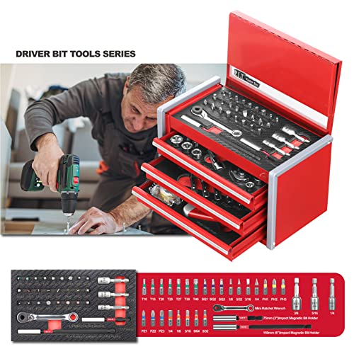 P.I.T. Portable 3 Drawer Steel Tool Box with 61-Pieces Mechanics Tool Set,Magnetic Locking, Red Hand Carry Tool Cases for Hand Tools Repair Tool Kit