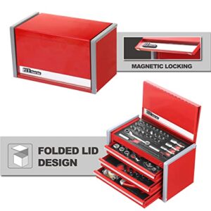 P.I.T. Portable 3 Drawer Steel Tool Box with 61-Pieces Mechanics Tool Set,Magnetic Locking, Red Hand Carry Tool Cases for Hand Tools Repair Tool Kit