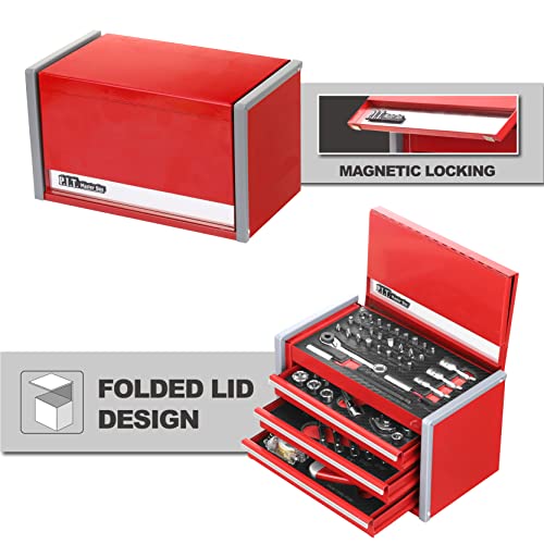 P.I.T. Portable 3 Drawer Steel Tool Box with 61-Pieces Mechanics Tool Set,Magnetic Locking, Red Hand Carry Tool Cases for Hand Tools Repair Tool Kit