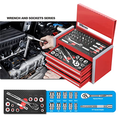 P.I.T. Portable 3 Drawer Steel Tool Box with 61-Pieces Mechanics Tool Set,Magnetic Locking, Red Hand Carry Tool Cases for Hand Tools Repair Tool Kit