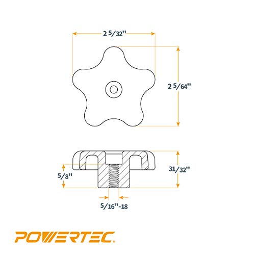 POWERTEC 5/16"-18 5 Star Knobs 5 Pack, Clamping Knobs with Steel Insert for T Track Bolts, Thumb Screw Threaded Knobs for T Track Accessories, Feather Boards, Woodworking Jigs and Fixtures (71071V)