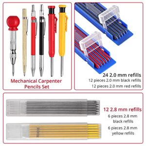 XUNTOP Mechanical Carpenter Pencils Set with Center Punch Cost-Effective Package can Meet Different Needs, Widely Use on Construction, Automotive, Glass Window Breaker, and Mark on Wood, Plastic