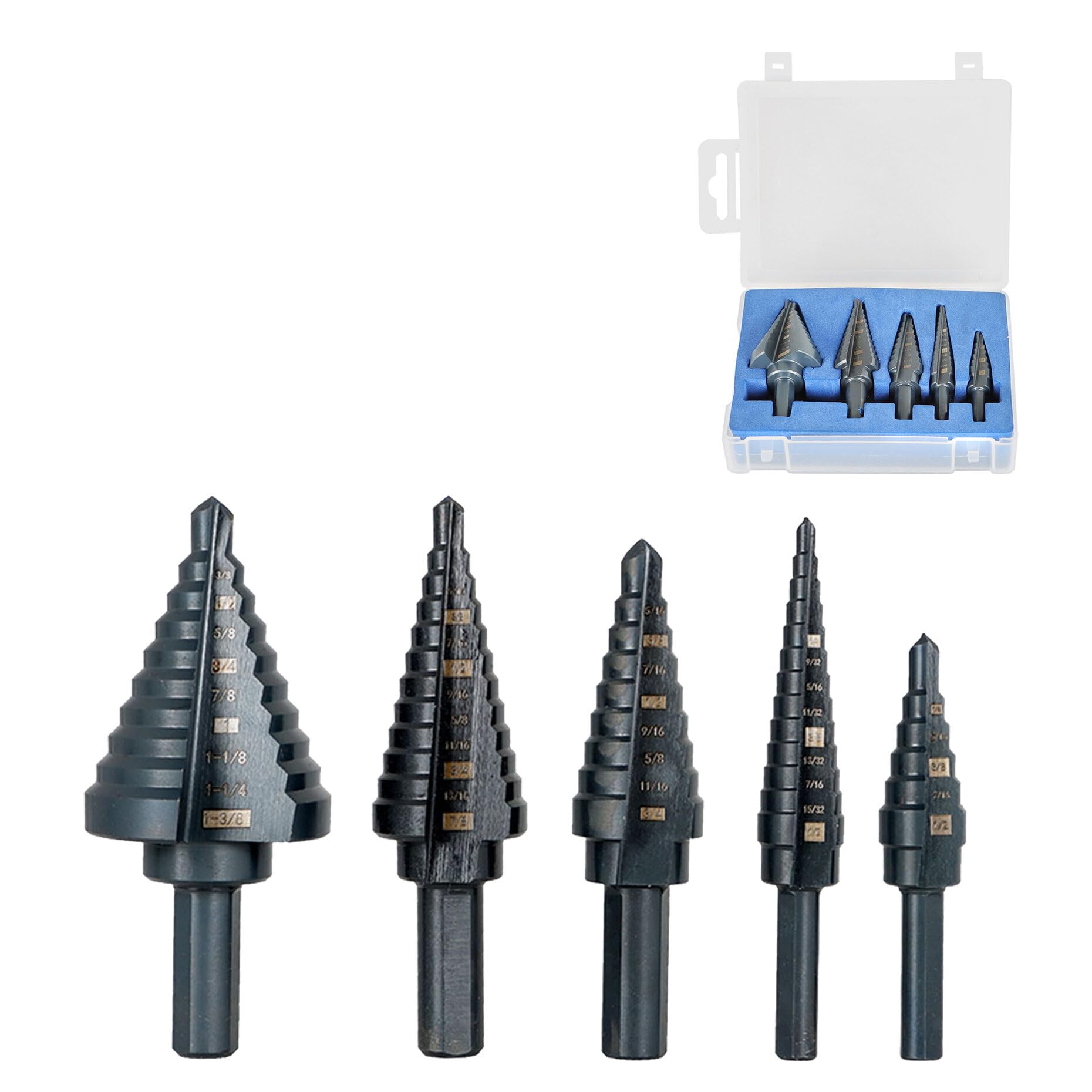 kimllier 5Pcs Step Drill High Speed Steel Black Oxide M2 Porous 50 Size 1/8-1-3/8 Inch SAE Standard