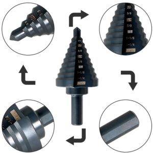 kimllier 5Pcs Step Drill High Speed Steel Black Oxide M2 Porous 50 Size 1/8-1-3/8 Inch SAE Standard