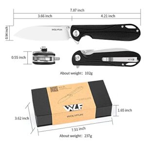 Wolyfun EDC Pocket Knife with Sharpener Stone ,3.7" D2 Steel Blade + G10 Handle, Secure Liner Lock Gifts for Outdoor Camping Fishing Hiking Hunting