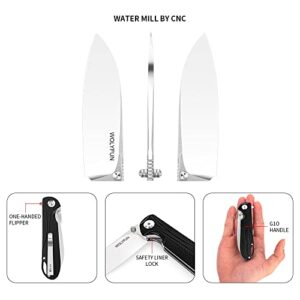 Wolyfun EDC Pocket Knife with Sharpener Stone ,3.7" D2 Steel Blade + G10 Handle, Secure Liner Lock Gifts for Outdoor Camping Fishing Hiking Hunting