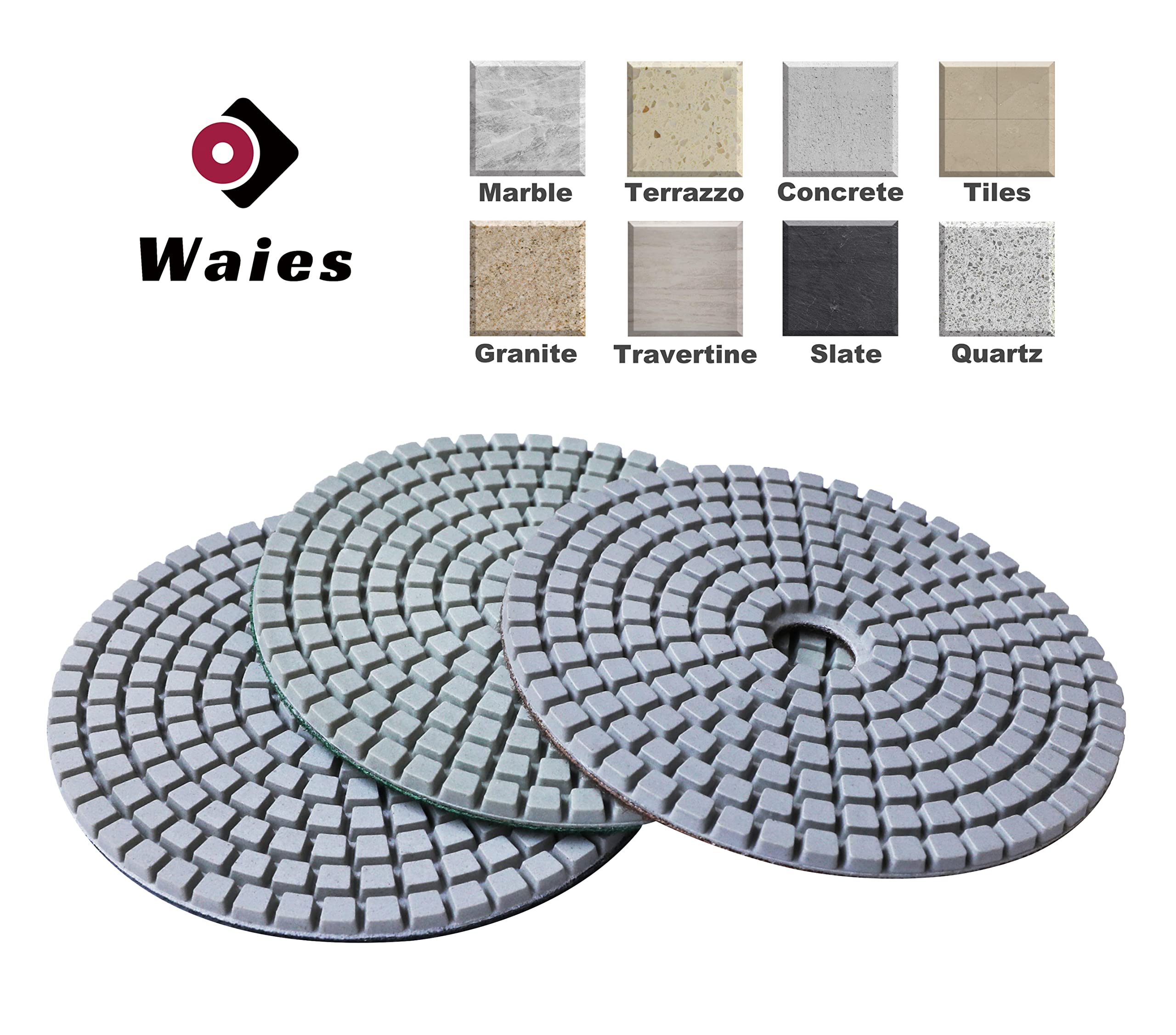 Waies 4 Inch Diamond Polishing Pads Wet Dry with 5/8"-11 Backer Pad 8 Pieces Polish Pad Kit for Drill Grinder Polisher 50-3000 Grit for Granite Tile Marble Concrete Stone Polishing Countertop Quartz