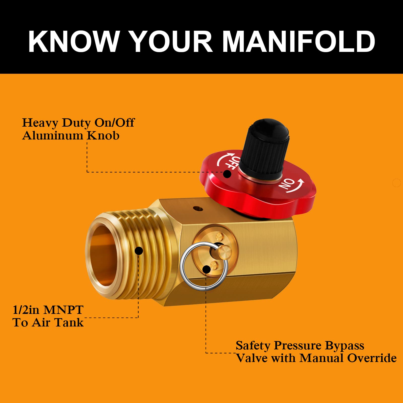 2 Pack Air Tank Manifold with Fill Port,SUNROAD Aluminum Knob,Safety Valve and Relief Bypass 1/2" NPT Tank x 1/4" NPT Hose x 1/8" NPT Gauge for Air Compressor Portable Tank