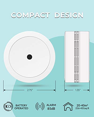 Ecoey Small Smoke Detector Alarm, 10 Year Fire Alarms Smoke Detectors with Built-in 3V Battery, Smoke Alarm with Big Test Button and Silence Function for House, FJ135, 2PACK