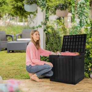 realife Deck Box 30 Gallon Outdoor Storage Box with Wheels, Waterproof Delivery Box with Lock for Patio Tools, Outdoor Cushions Pillows, Garden Supplies, Pet Stuff and Pool Accessories, Black