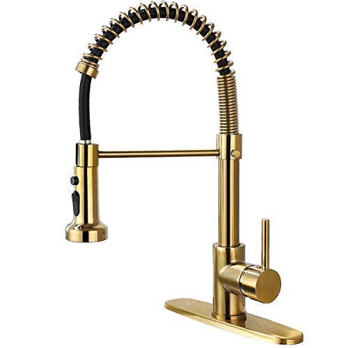 Ntipox Commercial Brushed Gold Kitchen Faucet with Pull Down Sprayer, High-Arc Single Handle Single Lever Spring Rv Kitchen Sink Faucet with Pull Out Sprayer, 3 Function Laundry Faucet, Matte Gold