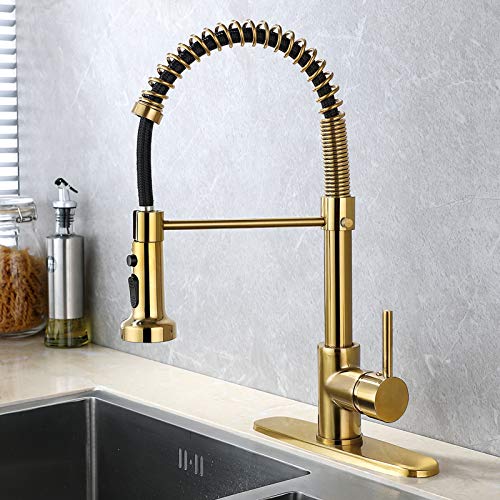 Ntipox Commercial Brushed Gold Kitchen Faucet with Pull Down Sprayer, High-Arc Single Handle Single Lever Spring Rv Kitchen Sink Faucet with Pull Out Sprayer, 3 Function Laundry Faucet, Matte Gold