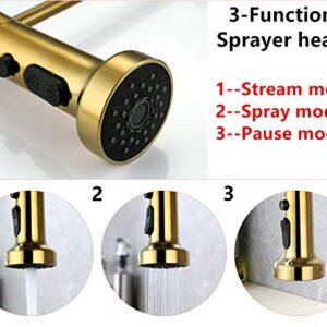 Ntipox Commercial Brushed Gold Kitchen Faucet with Pull Down Sprayer, High-Arc Single Handle Single Lever Spring Rv Kitchen Sink Faucet with Pull Out Sprayer, 3 Function Laundry Faucet, Matte Gold