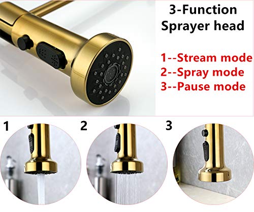 Ntipox Commercial Brushed Gold Kitchen Faucet with Pull Down Sprayer, High-Arc Single Handle Single Lever Spring Rv Kitchen Sink Faucet with Pull Out Sprayer, 3 Function Laundry Faucet, Matte Gold