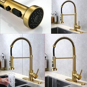 Ntipox Commercial Brushed Gold Kitchen Faucet with Pull Down Sprayer, High-Arc Single Handle Single Lever Spring Rv Kitchen Sink Faucet with Pull Out Sprayer, 3 Function Laundry Faucet, Matte Gold