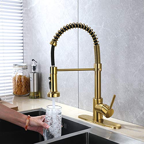 Ntipox Commercial Brushed Gold Kitchen Faucet with Pull Down Sprayer, High-Arc Single Handle Single Lever Spring Rv Kitchen Sink Faucet with Pull Out Sprayer, 3 Function Laundry Faucet, Matte Gold