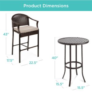 Best Choice Products 3-Piece Patio Bar Table Set, Outdoor Wicker Bar Height Bistro Furniture for Backyard, Poolside, Balcony w/Barstools, Cushions, Steel Frame – Brown/Beige