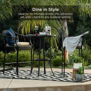 Best Choice Products 3-Piece Patio Bar Table Set, Outdoor Wicker Bar Height Bistro Furniture for Backyard, Poolside, Balcony w/Barstools, Cushions, Steel Frame – Brown/Beige