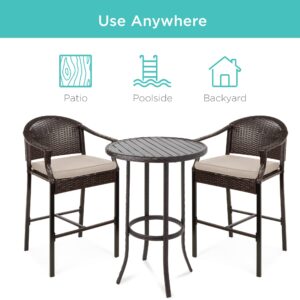 Best Choice Products 3-Piece Patio Bar Table Set, Outdoor Wicker Bar Height Bistro Furniture for Backyard, Poolside, Balcony w/Barstools, Cushions, Steel Frame – Brown/Beige