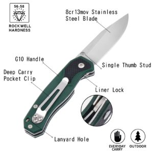 Outdoor Pocket Knife for Men with G10 Handle and 2.6-inch 8Cr13MoV Stainless Steel Blade, Portable Pocket Clip, Safety Liner Lock, Dark Green