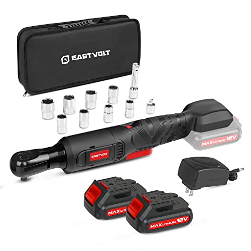 Eastvolt 3/8" Cordless Electric Ratchet Wrench Set, 55Ft-lbs 12V Cordless Ratchet Kit with 8 Sockets, 2 Packs 2.0Ah Lithium-Ion Batteries, Fast Charger and Carrying Bag