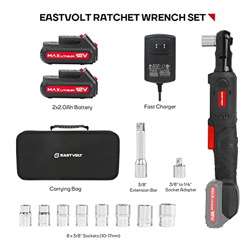 Eastvolt 3/8" Cordless Electric Ratchet Wrench Set, 55Ft-lbs 12V Cordless Ratchet Kit with 8 Sockets, 2 Packs 2.0Ah Lithium-Ion Batteries, Fast Charger and Carrying Bag