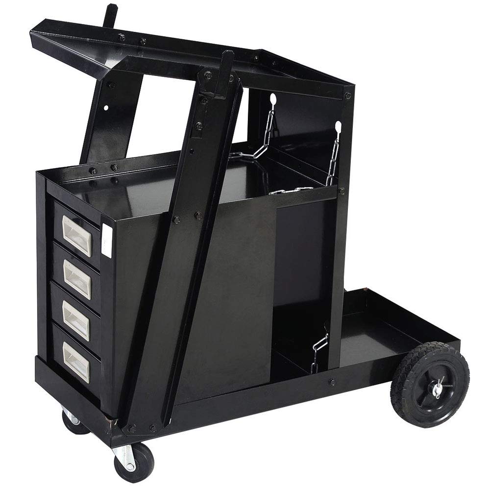 4 Drawer Cabinet Welding Welder Cart with 2 Safety Chains MIG TIG ARC Plasma Cutter Tank Storage, Black, 28'' x 15'' x 28'' (L x W x H)