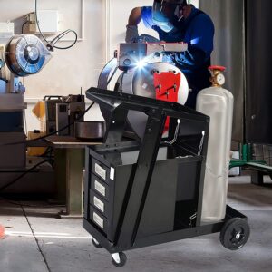 4 Drawer Cabinet Welding Welder Cart with 2 Safety Chains MIG TIG ARC Plasma Cutter Tank Storage, Black, 28'' x 15'' x 28'' (L x W x H)