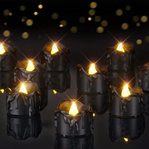 Homemory 24-Pack Melting Black Candles Battery Operated Tea Lights, Halloween Flameless Flickering Candles, Ideal for Holiday Decor, Theme Party, Dia 1-2/5" x H 1-1/4''