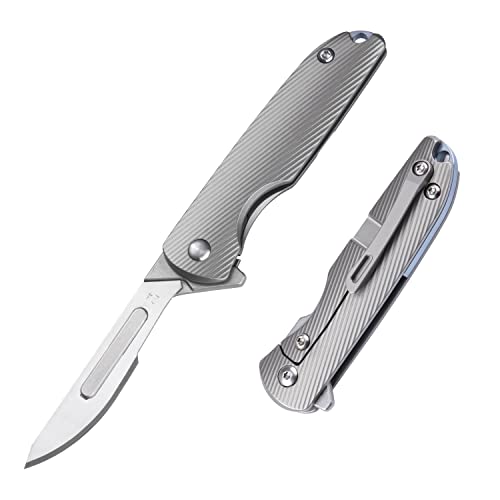 OLITANS T077 Folding Scalpel Mini Pocket knife with 10pcs #24 Replaceable Blade, CNC Machined Tc4 Handles Frame Lock Pocket Clip, 1.02oz