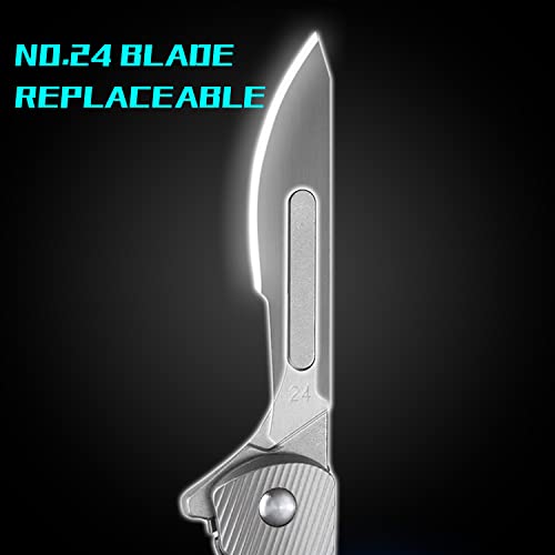 OLITANS T077 Folding Scalpel Mini Pocket knife with 10pcs #24 Replaceable Blade, CNC Machined Tc4 Handles Frame Lock Pocket Clip, 1.02oz