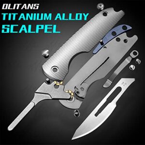 OLITANS T077 Folding Scalpel Mini Pocket knife with 10pcs #24 Replaceable Blade, CNC Machined Tc4 Handles Frame Lock Pocket Clip, 1.02oz