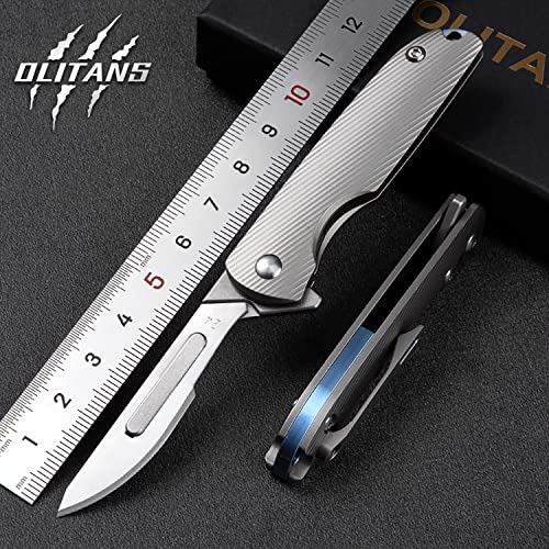 OLITANS T077 Folding Scalpel Mini Pocket knife with 10pcs #24 Replaceable Blade, CNC Machined Tc4 Handles Frame Lock Pocket Clip, 1.02oz