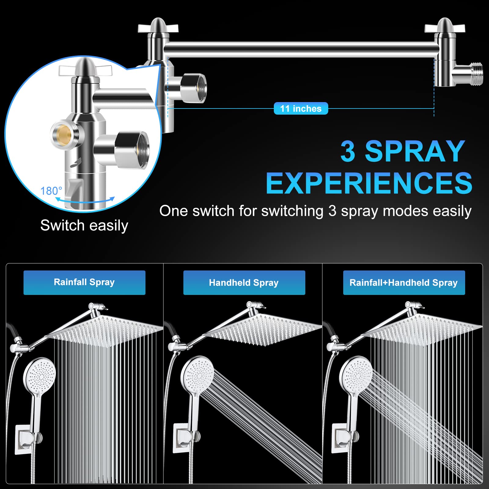 Luxsego 10-Inch Ultra-Thin Stainless Steel Rainfall Showerhead with 3-Way Diverter, Handheld Shower, and Adjustable Extension Arm