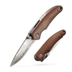 barrysail damascus small pocket knife, folding knife with 2.4 inch blade, liner lock, wood handle for edc, outdoor camping, survival