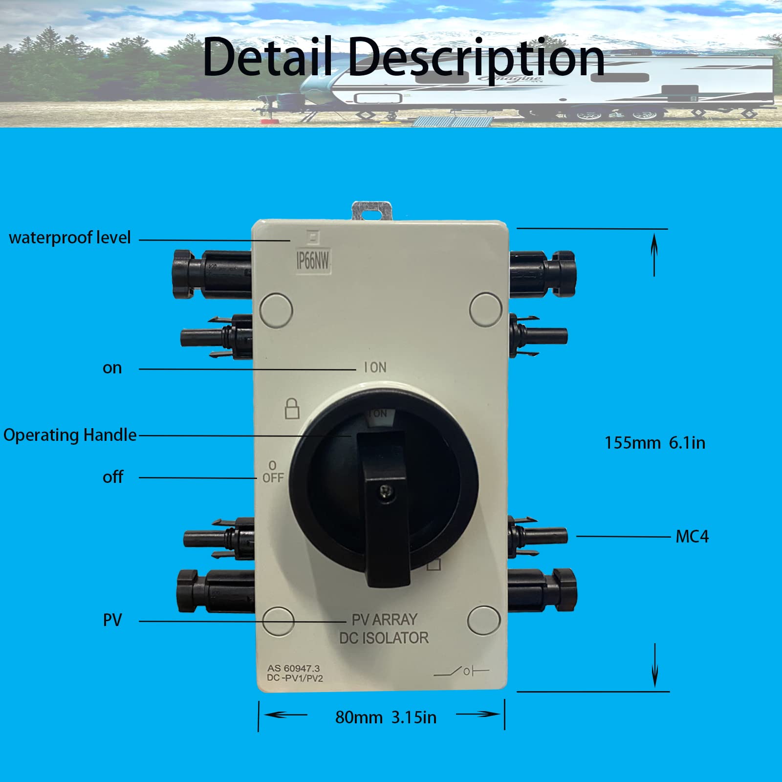 MaxEnergy IP66 Solar Combiner Box with Solar Disconnect Switch 64Amp PV DC Quick Disconnect Switch with Solar Connector for Solar Power System RV, Boats, On-Grid Solar System Off Grid Living Supplies