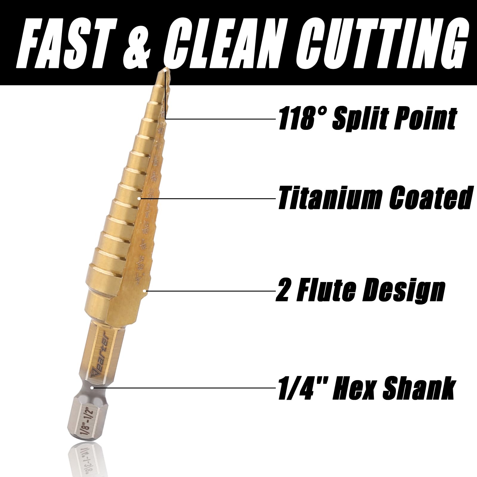 Vearter HSS Straight Groove Step Drill Bits, 1/8" - 1/2" Unibit 13 Steps M2 Material Titanium Coated Hex Shank for Drilling Holes in Stainless Steel Aluminium Sheet Metal Wood Plastic PVC