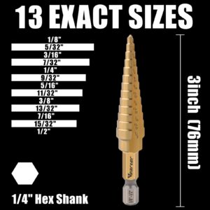 Vearter HSS Straight Groove Step Drill Bits, 1/8" - 1/2" Unibit 13 Steps M2 Material Titanium Coated Hex Shank for Drilling Holes in Stainless Steel Aluminium Sheet Metal Wood Plastic PVC